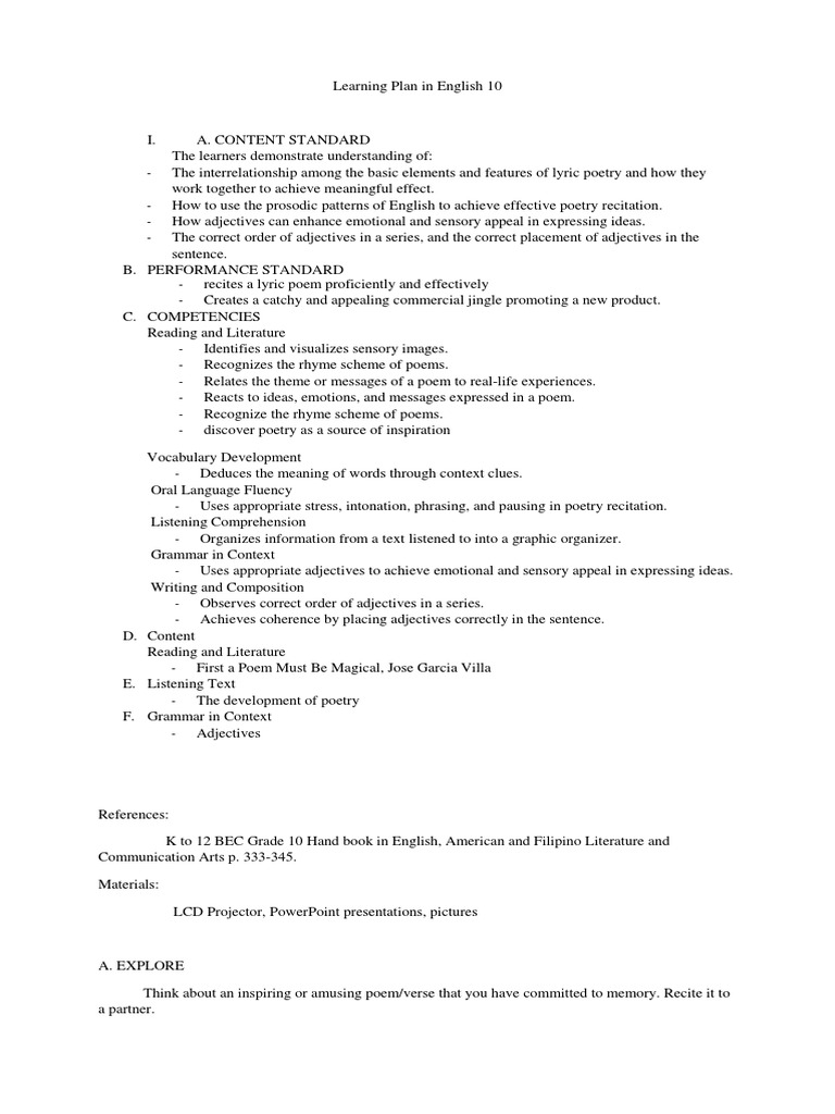Learning Plan in English 10 | PDF | Prose | Poetry