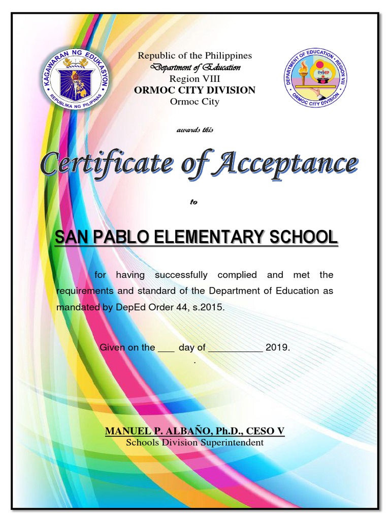 Certificate of Acceptance for San Pablo Elementary | PDF