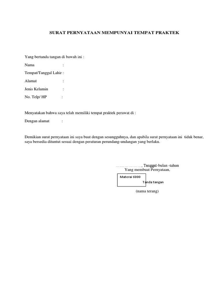 Contoh Surat Pernyataan Memiliki Tempat Praktek Untuk Pengajuan SIP Perawat | PDF