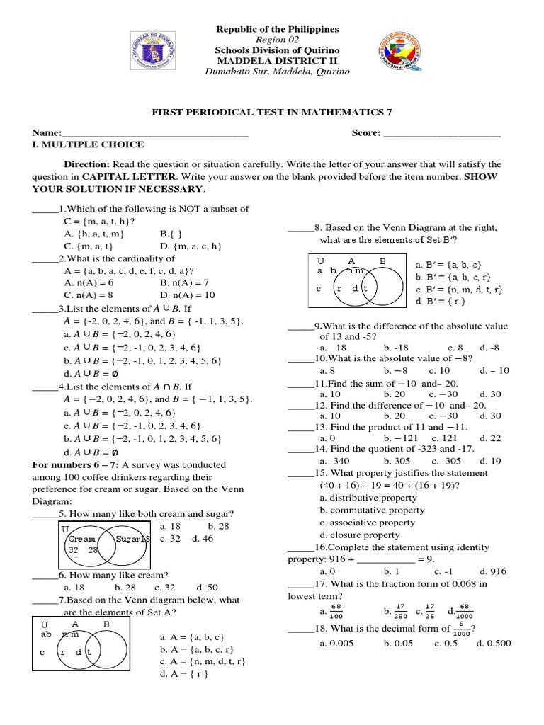 Math 7 First Periodical Test | PDF | Rational Number | Discrete Mathematics