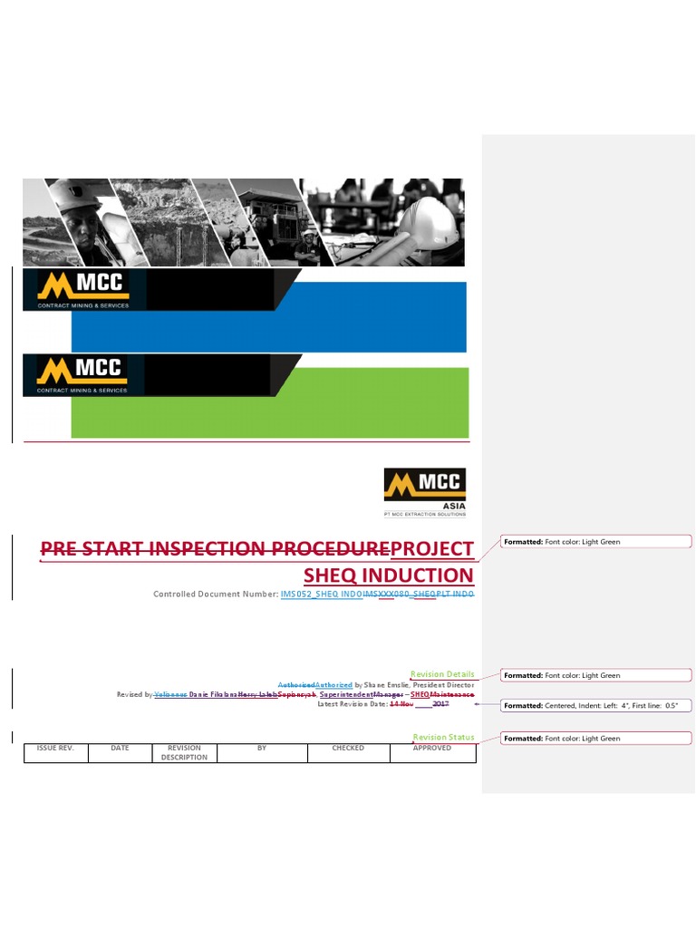 Pre Start Inspection Procedureproject Sheq Induction: Controlled ...
