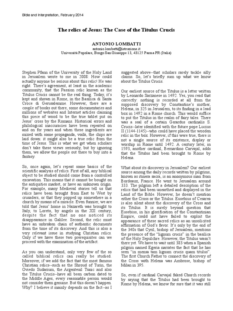 The Relics of Jesus: The Case of The Titulus Crucis: Antonio Lombatti ...