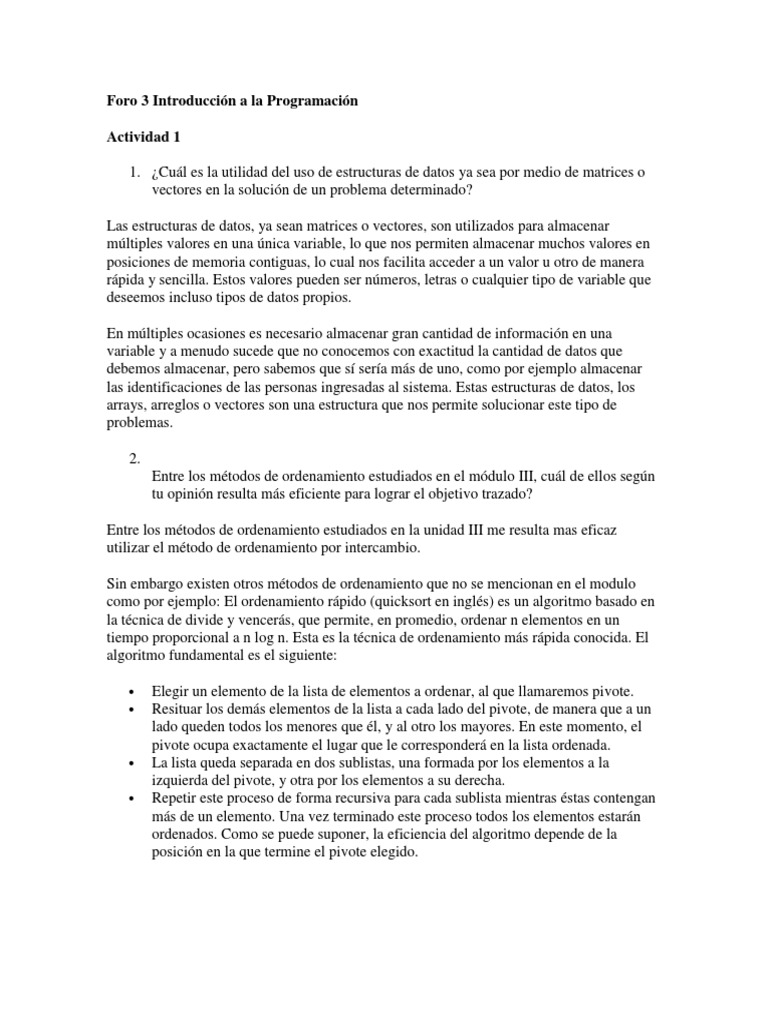 Foro 3 Introducción A La Programación | PDF | Estructura de datos de ...