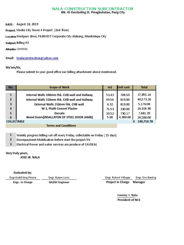 Nala Construction Subcontractor: Cavdeal | PDF