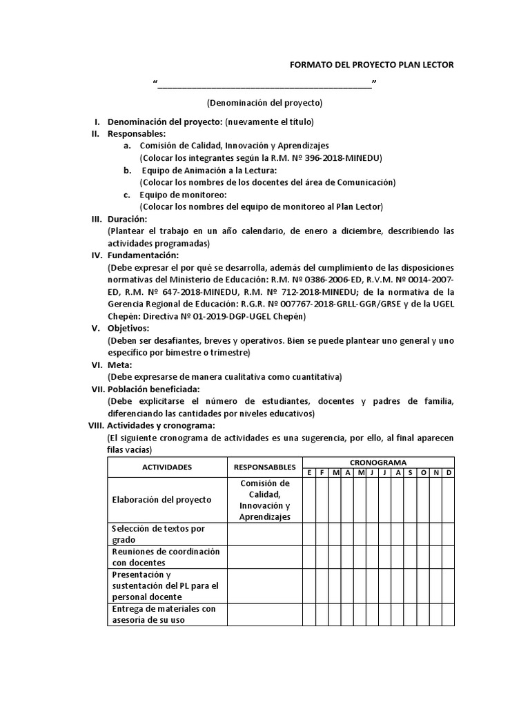Formato Del Proyecto Plan Lector | PDF | Comprensión lectora | Evaluación