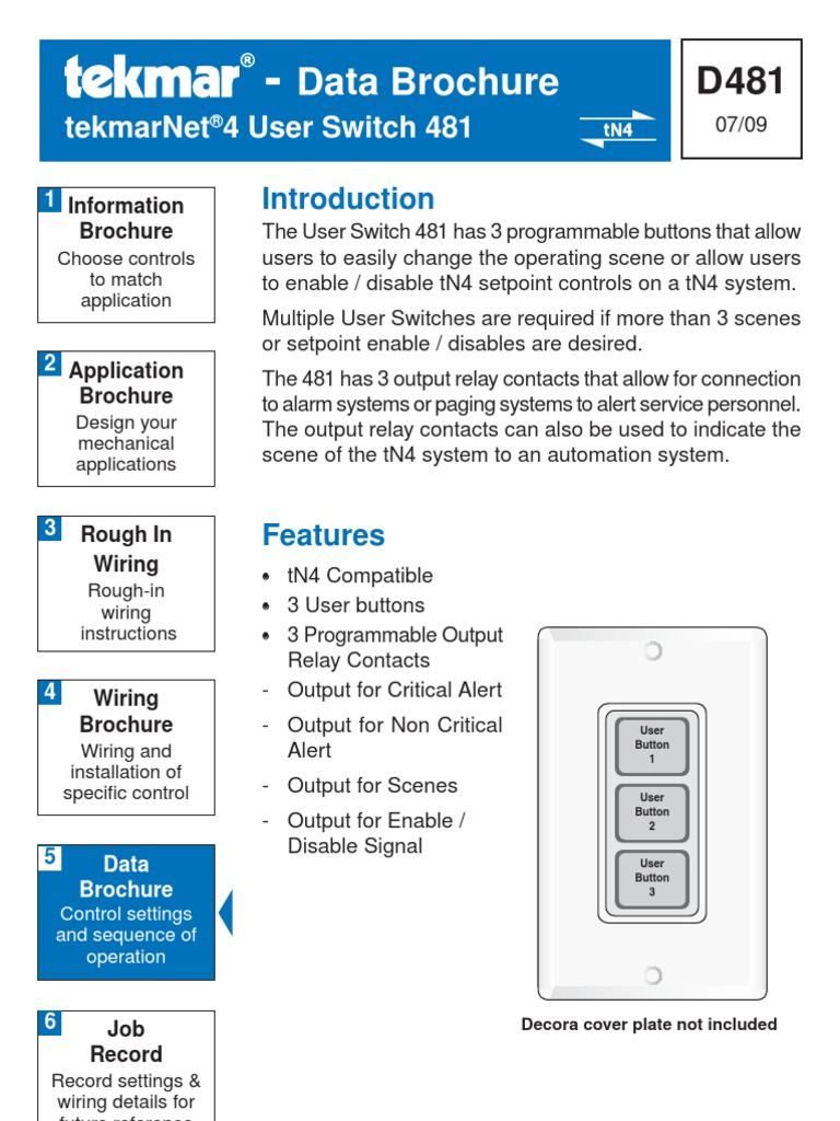 Tekmar 481 Three Inputs User Switch | PDF | Switch | Relay