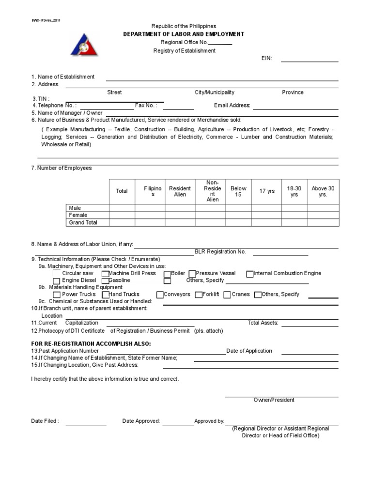Dole Rule 1020 Establishment Registration Form | PDF | Machines ...