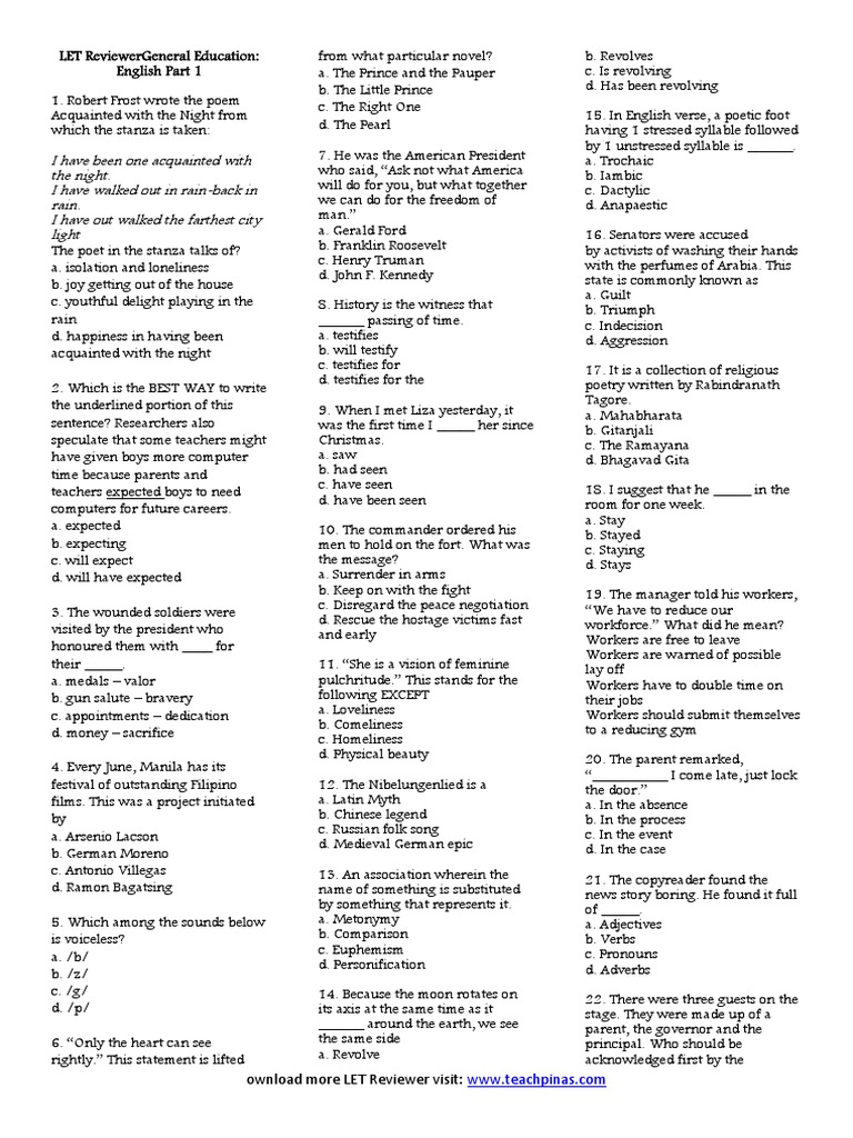 LET Reviewer Gen. Ed | PDF | Poetry | Meat