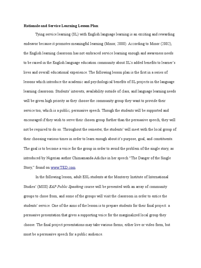 Service Learning Lesson Plan | PDF | Service Learning | English As A ...