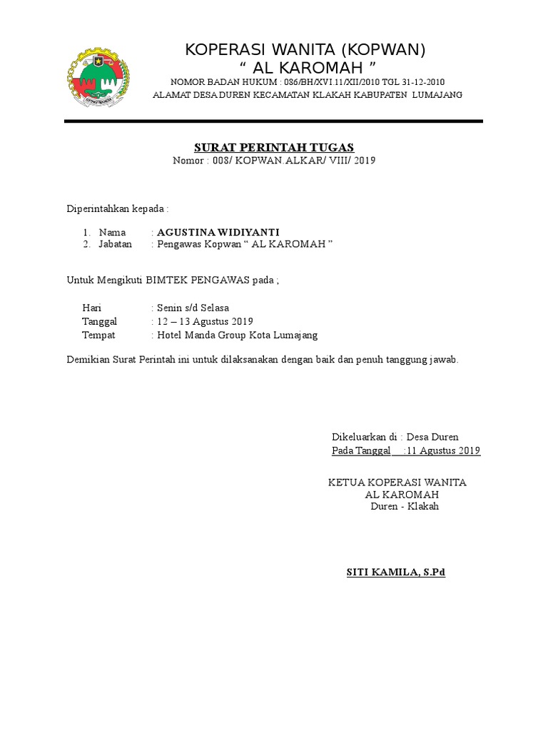Koperasi Wanita Surat Perintah Tugas | PDF