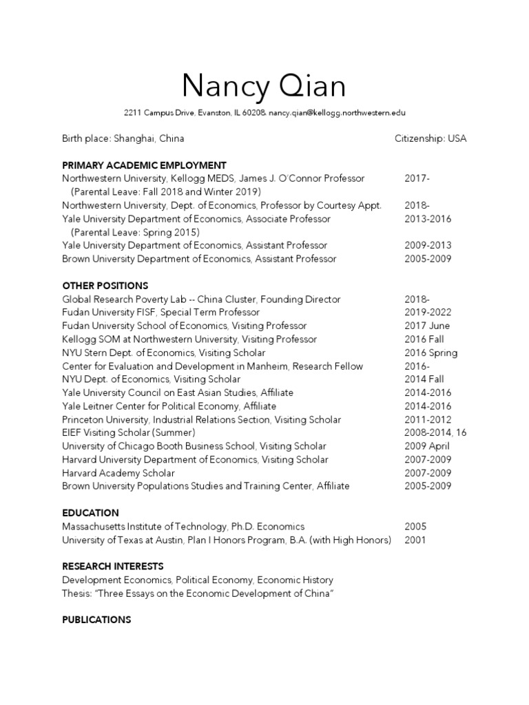 Nancy Qian: Primary Academic Employment | PDF | Economic Development ...