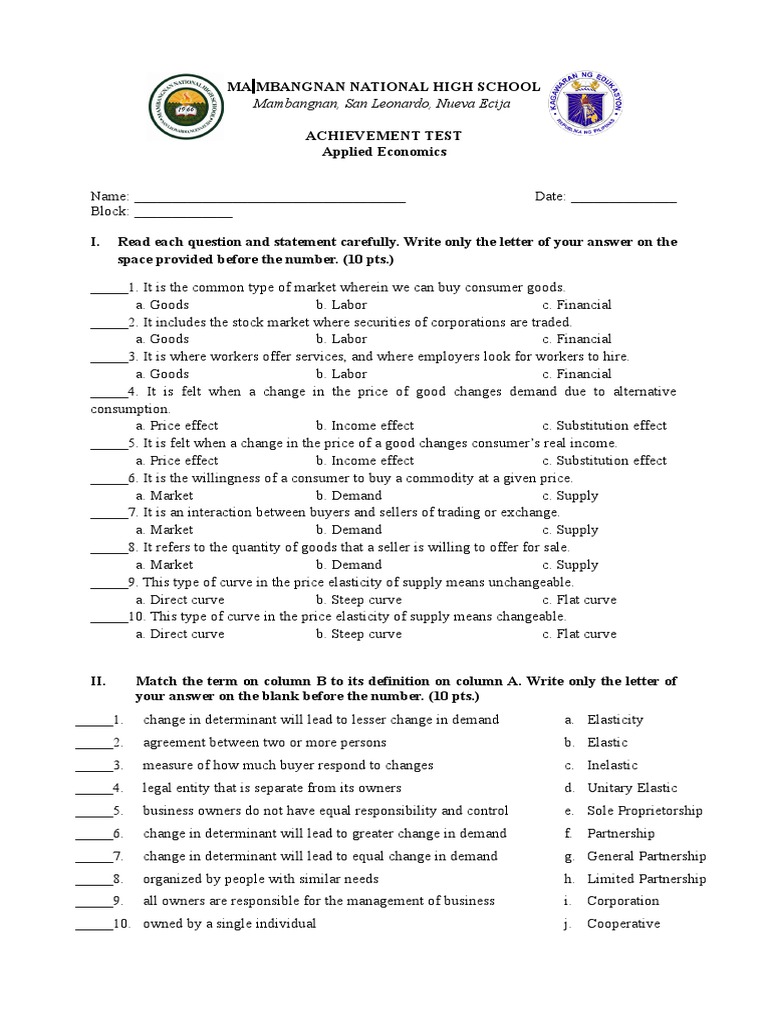 Applied Economics Achievement Test | PDF | Supply And Demand | Demand