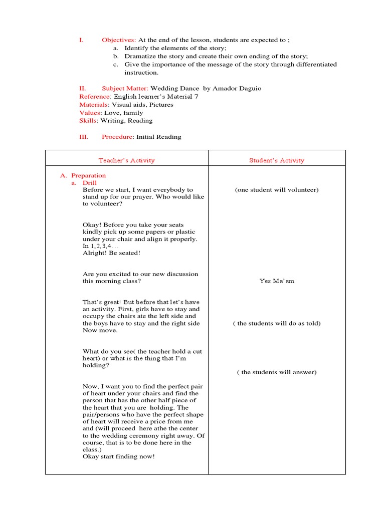 Week 5 Lesson Plan: Wedding Dance | PDF | Language Arts & Discipline