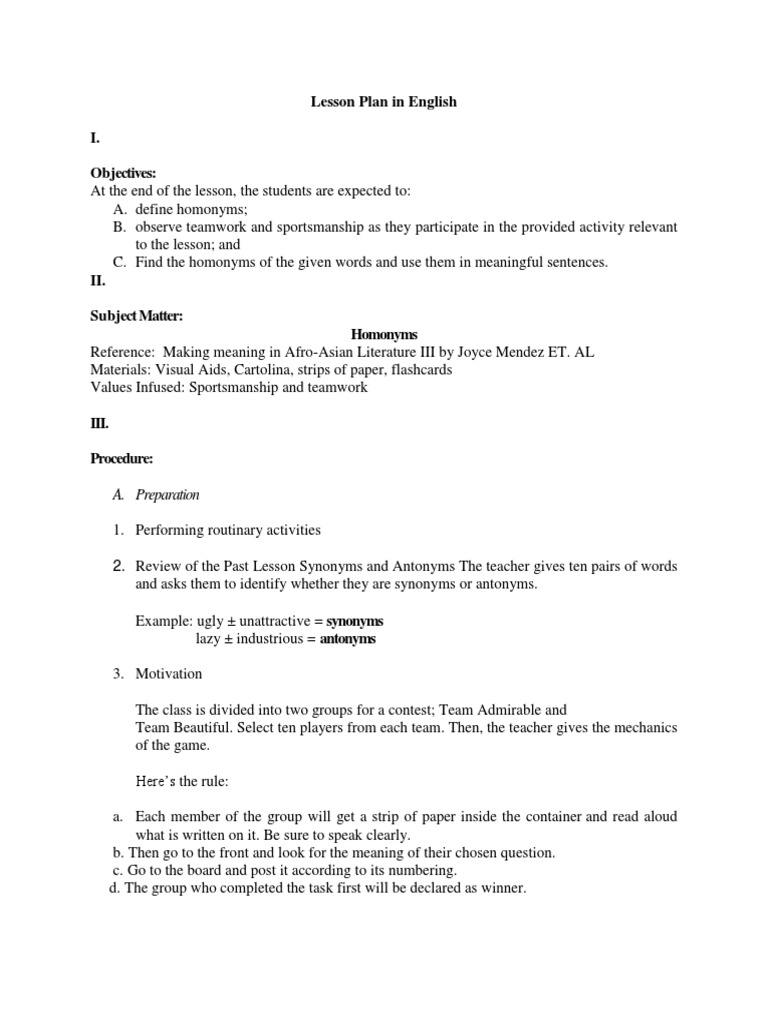 Lesson Plan in English I. Objectives:: A. Preparation | PDF | Cognition