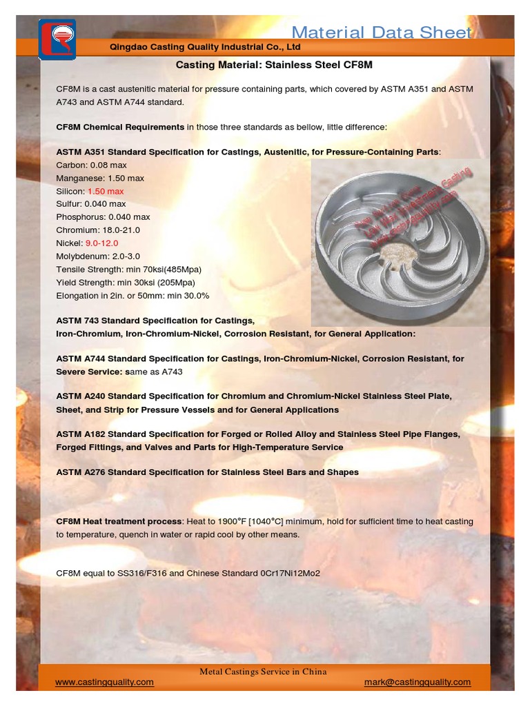 Material Data Sheet: Casting Material: Stainless Steel CF8M | PDF ...