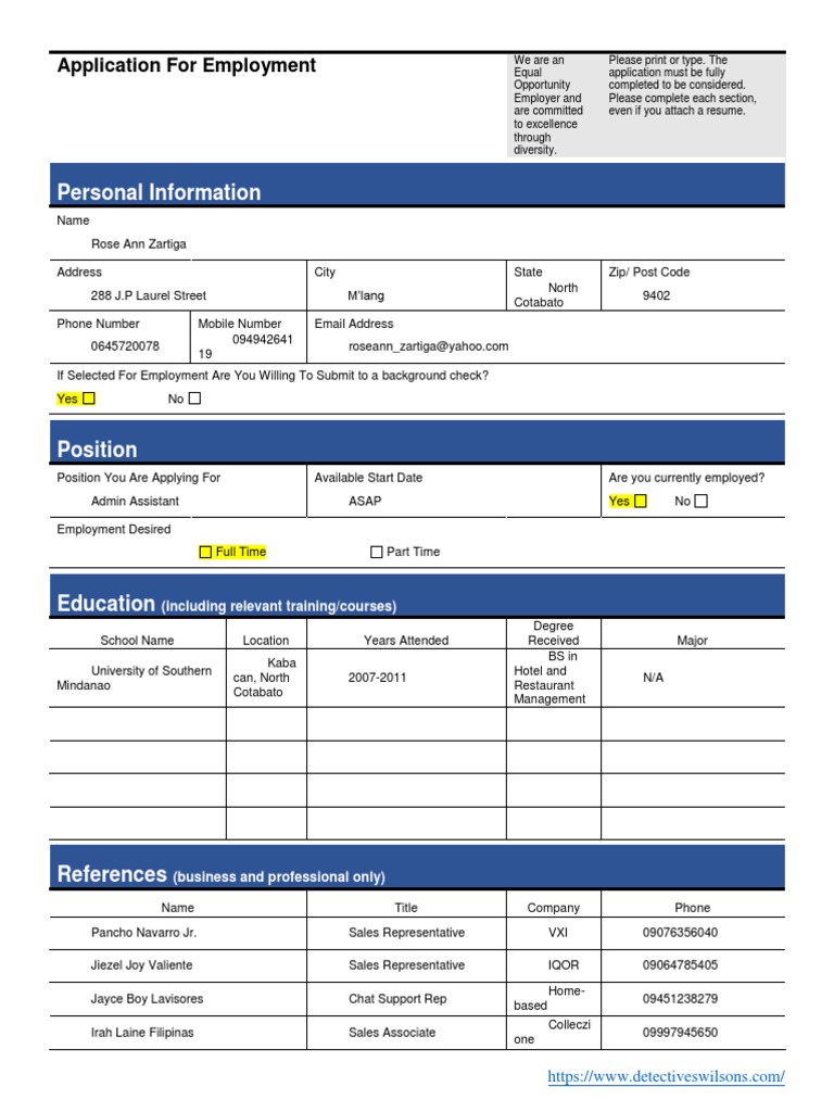 Personal Information: Application For Employment | PDF | Employment ...