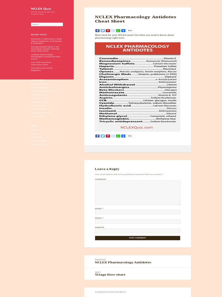 NCLEX Pharmacology Antidotes Cheat Sheet - NCLEX Quiz | PDF