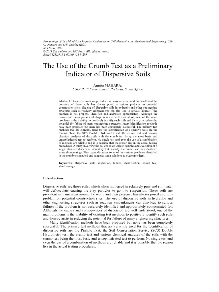 The Use of The Crumb Test As A Preliminary Indicator of Dispersive ...