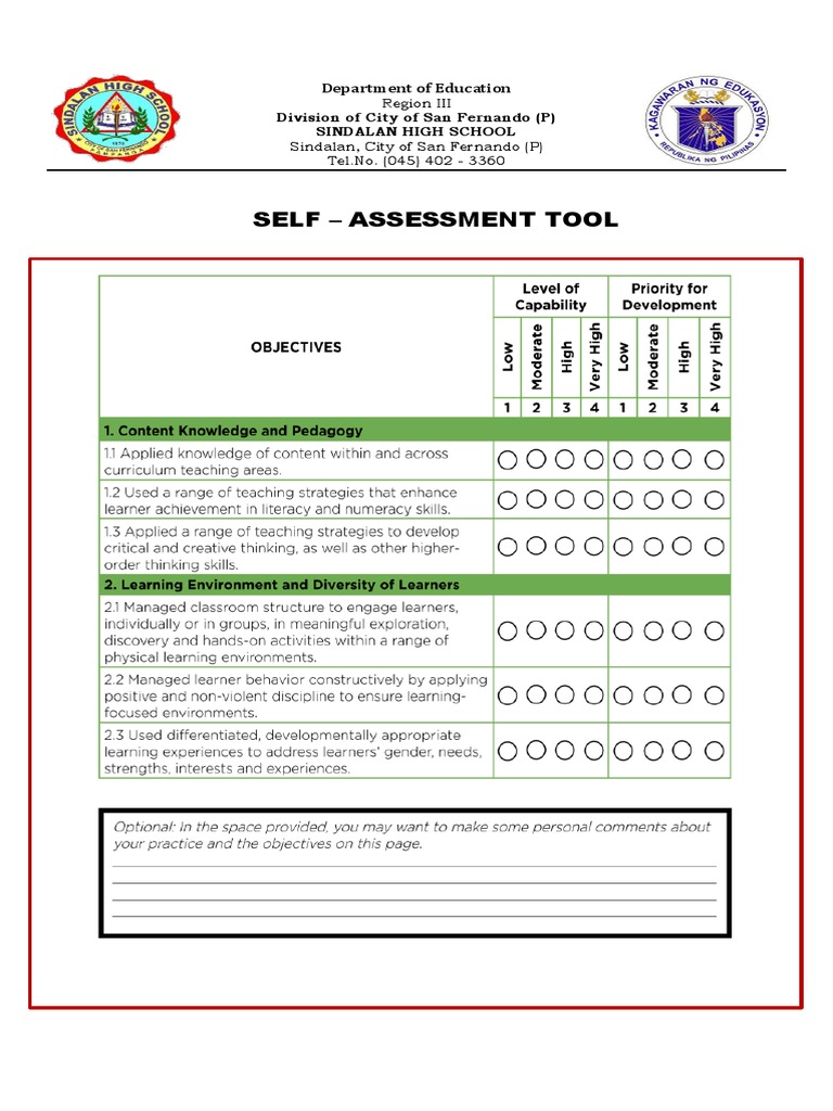 Sindalan High School Self-Assessment Tool | PDF