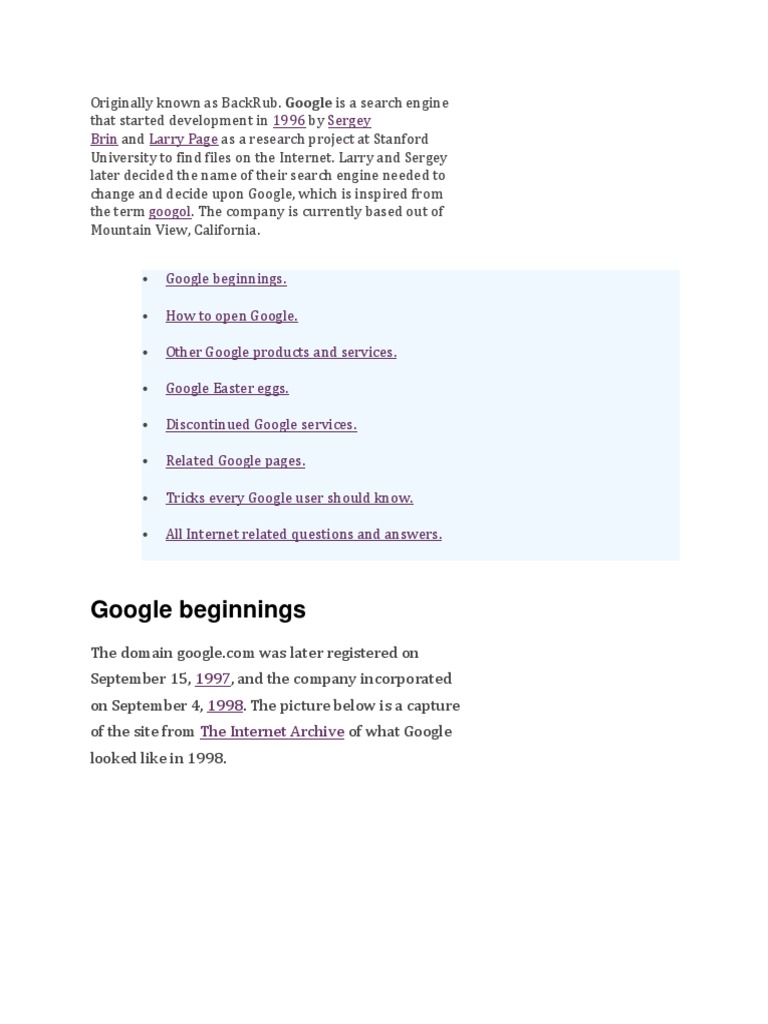 Google Beginnings | PDF | Web Search Engine | World Wide Web