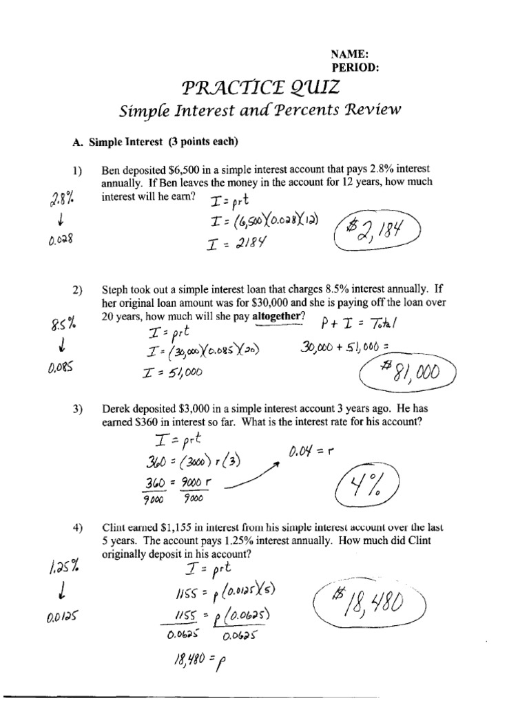 KEY - QUIZ - Simple Interest PDF | PDF