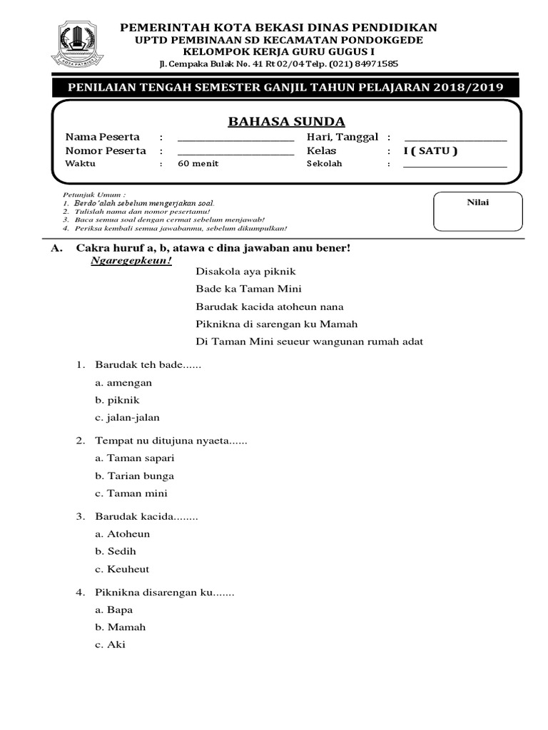 Soal Uts Bahasa Sunda Kelas 1 2018-2019 | PDF Soal Uts Bahasa Sunda Kelas 1 2018-2019 | PDF