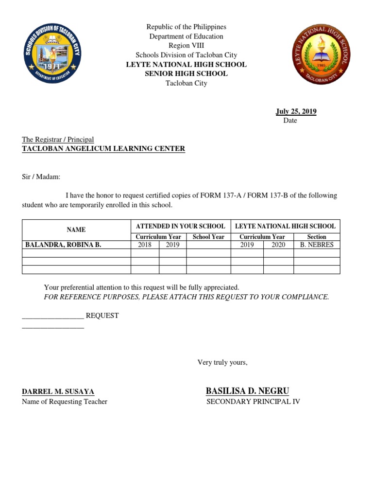 Request for Certified Copies of Form 137-A/137-B from Three Schools ...