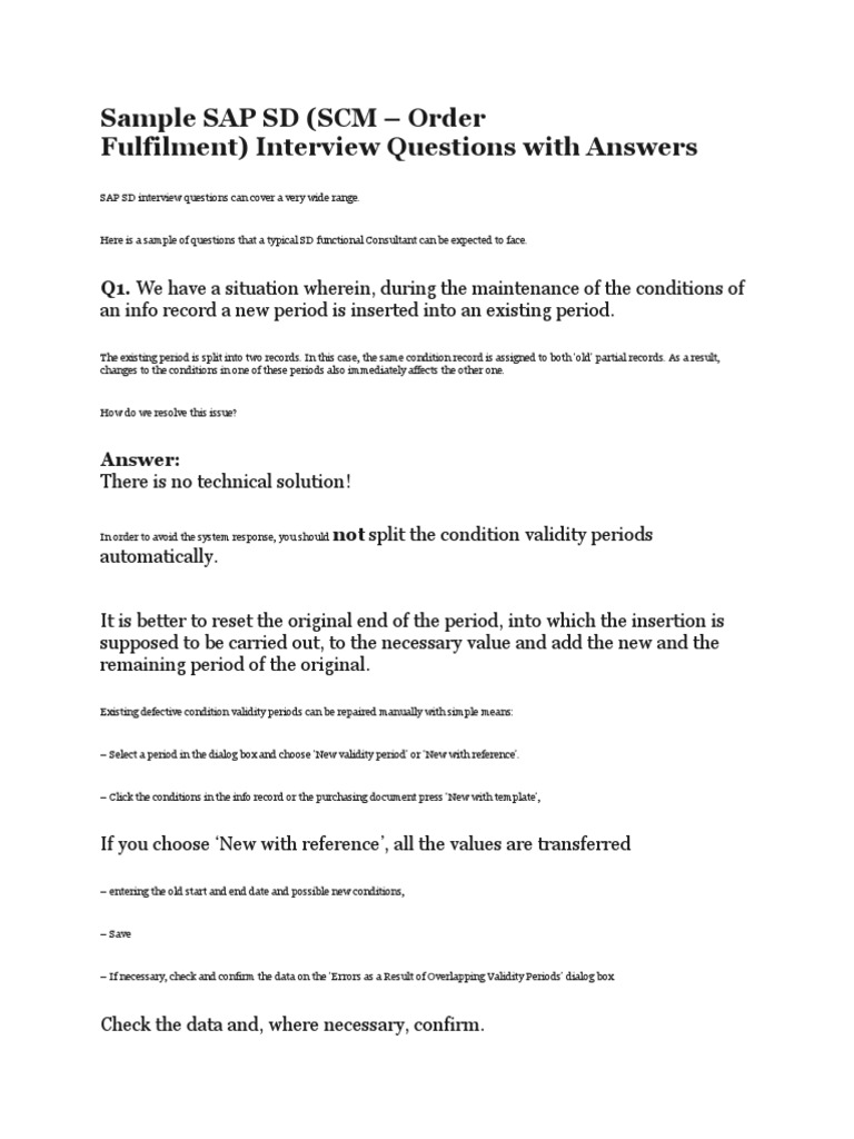 Sample SAP SD (SCM - Order Fulfilment) Interview Questions With Answers | PDF | Pricing | Sales
