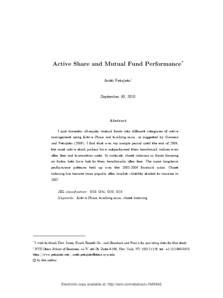 Active Share and Mutual Fund Performance: Antti Petajisto | PDF ...