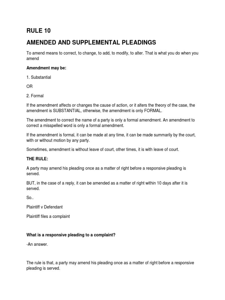 Rule 10 Amended and Supplemental Pleadings: Amendment May Be | PDF ...