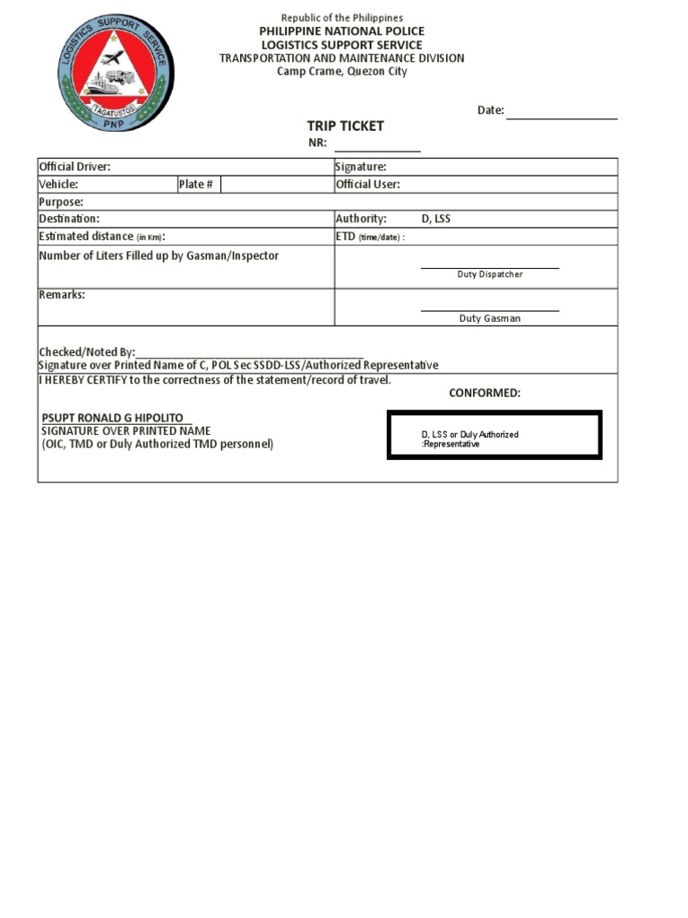 Trip Ticket: Philippine National Police Logistics Support Service | PDF ...