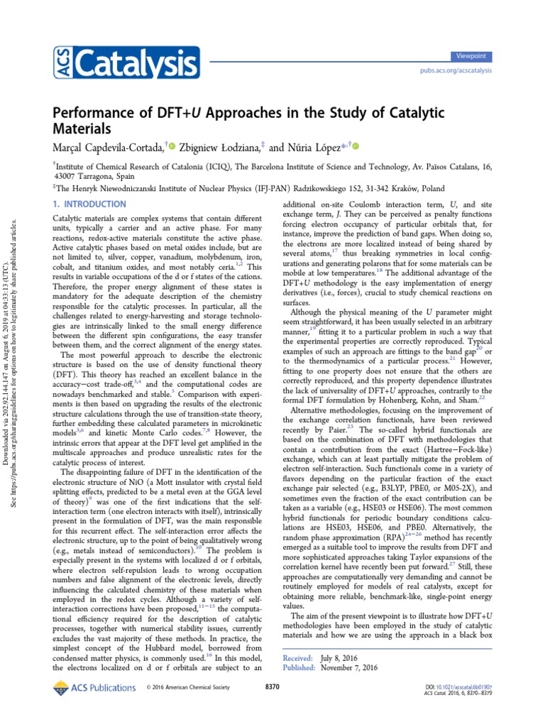 Performance of DFT+ U Approaches in The Study of Catalytic Materials | PDF | Density Functional ...