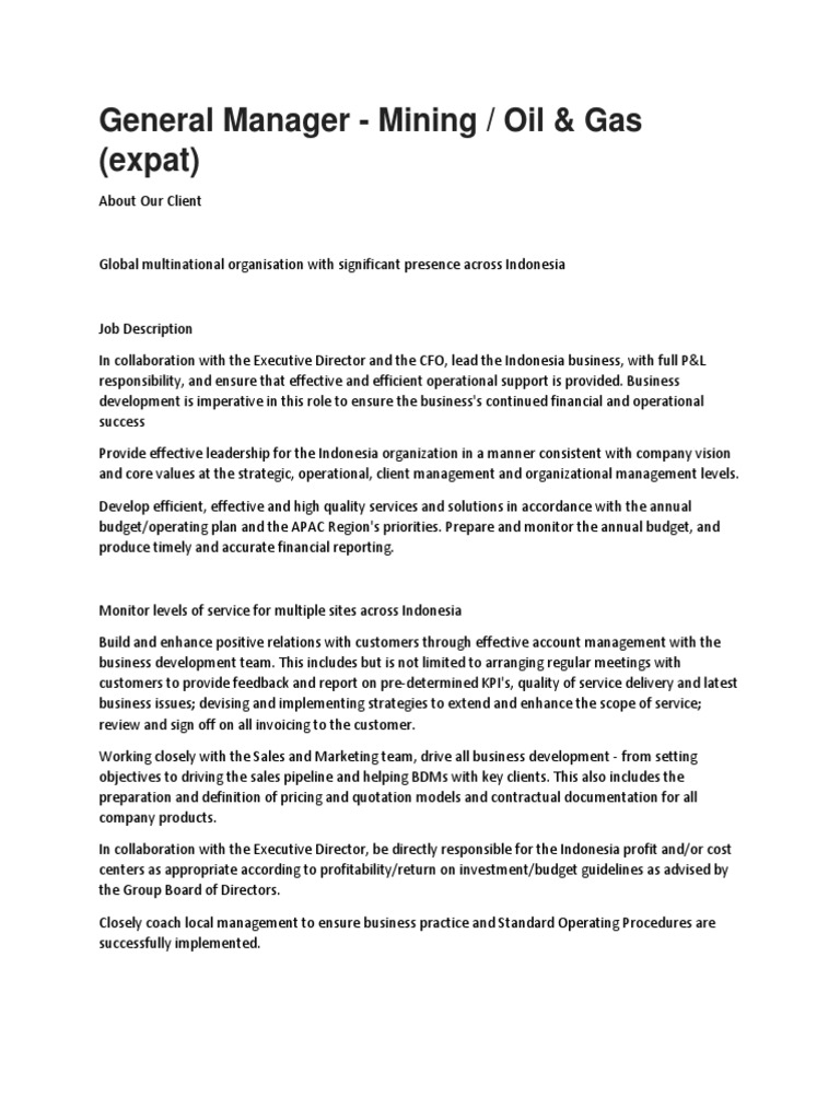 General Manager - Mining / Oil & Gas (Expat) | PDF | Business ...