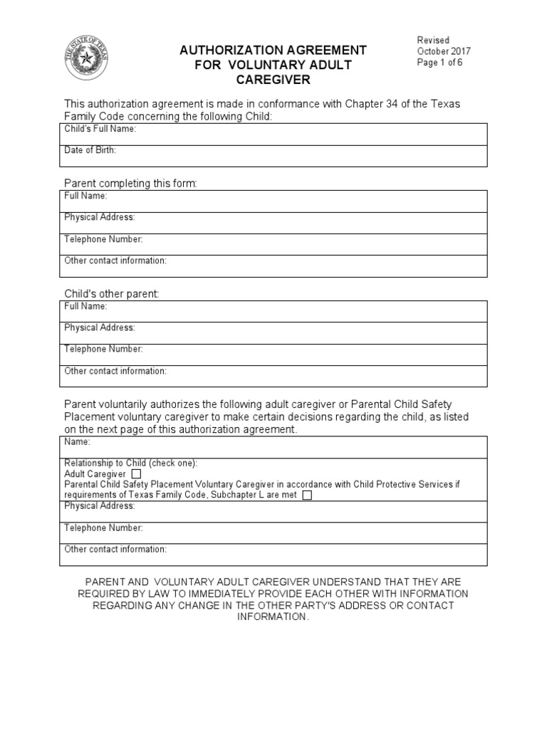 Authorization Agreement For Voluntary Adult Caregiver | PDF | Child ...