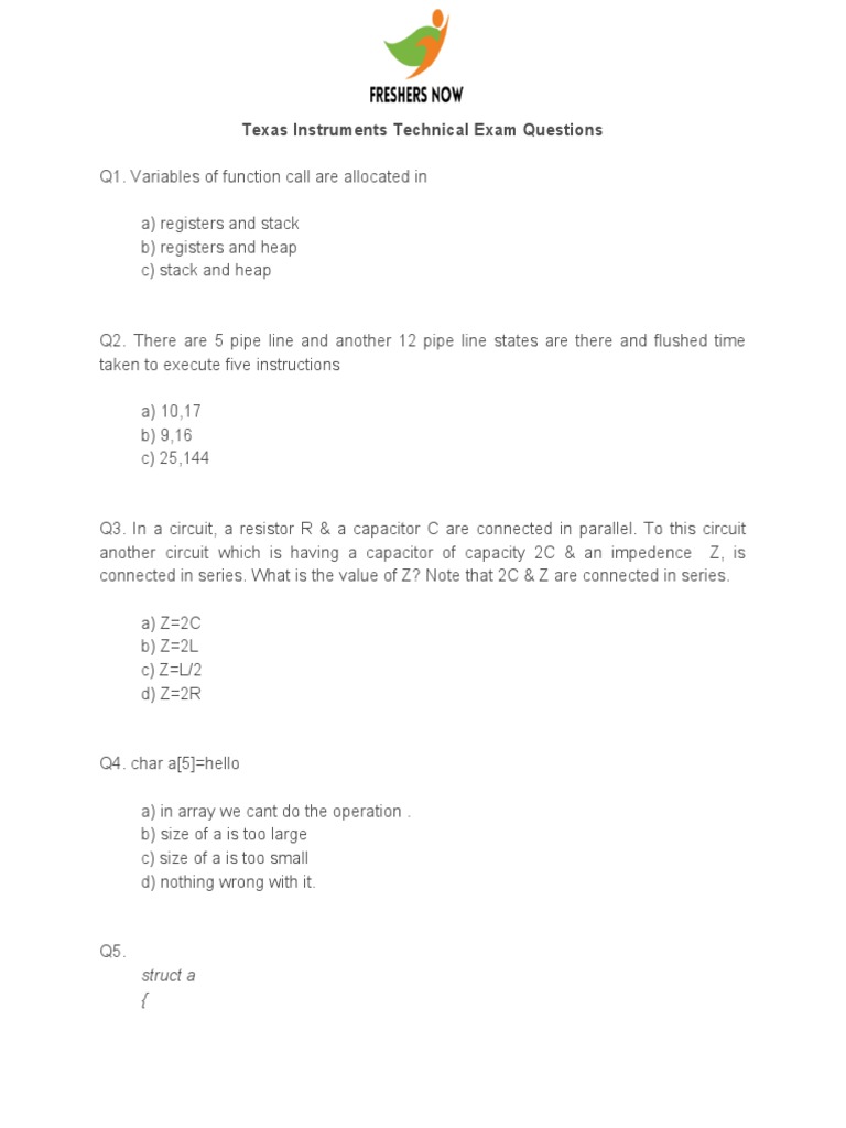 Texas Instruments Technical Exam Questions: Struct A ( | Download Free PDF | Array Data ...