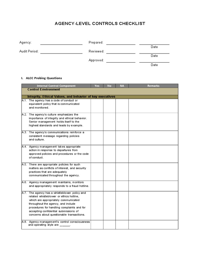 Agency-Level Internal Controls Checklist | PDF | Internal Control ...