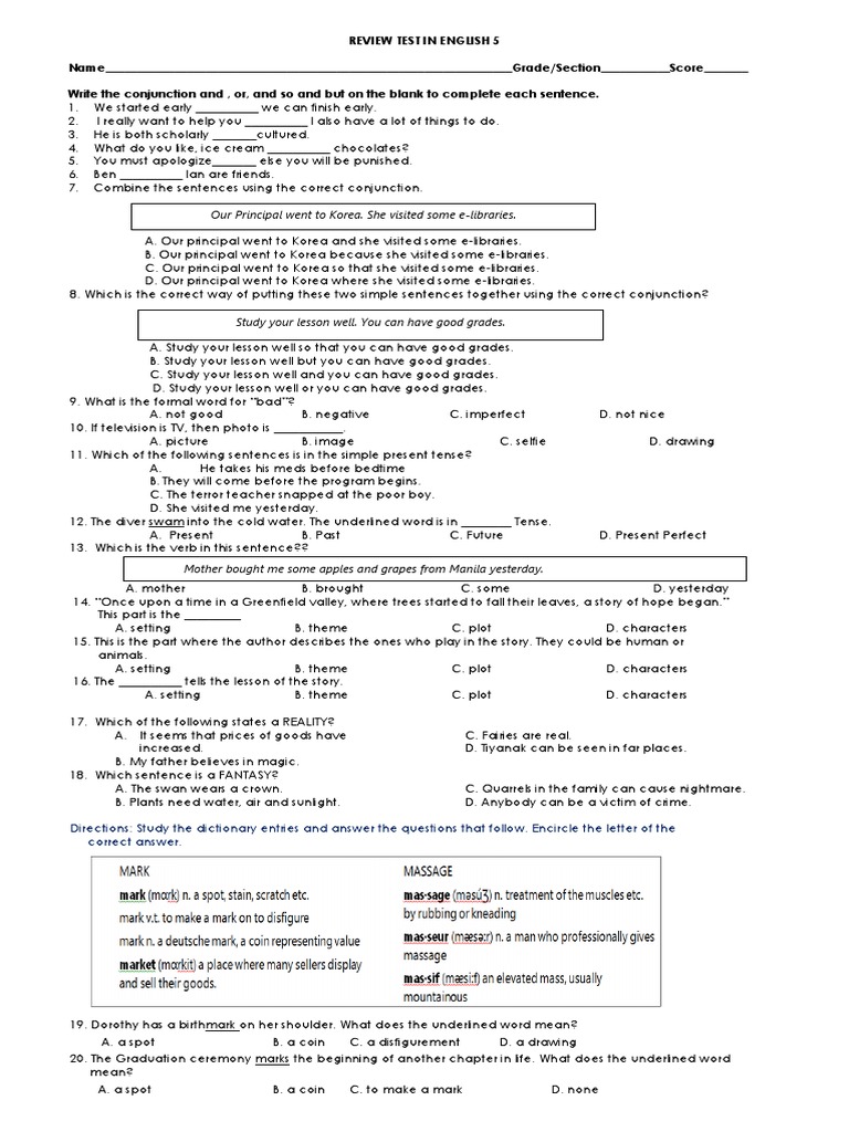 Review Test in English 5 | PDF | Language Arts & Discipline
