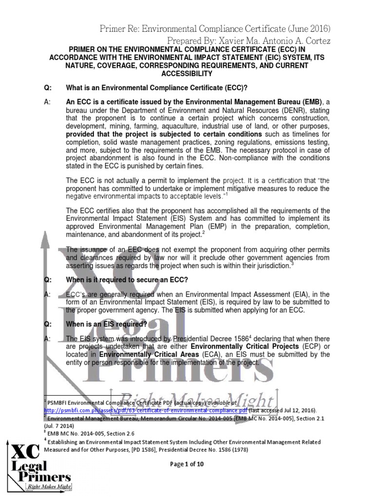 ECC Environmental Compliance Certificate Primer For The Philippines PDF | Download Free PDF ...