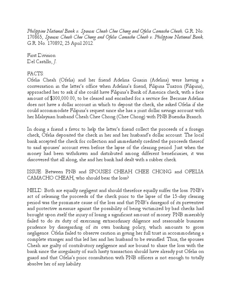 Philippine National Bank v. Spouses Cheah Chee Chong and Ofelia Camacho ...