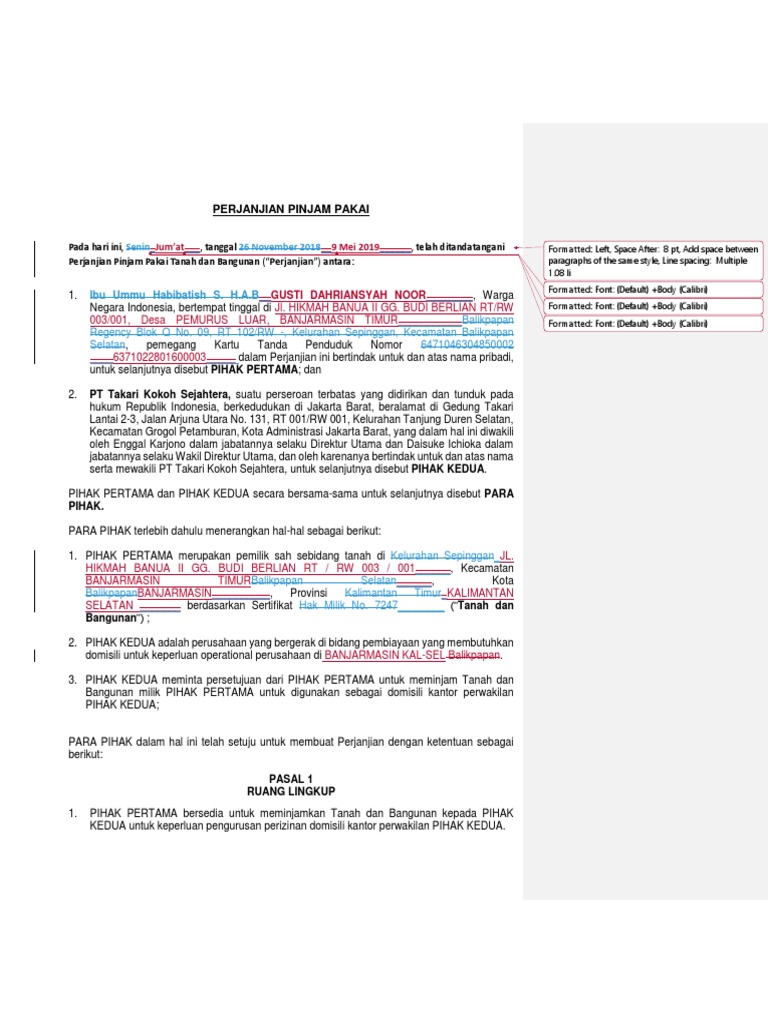 Draft Perjanjian Pinjam Pakai (Final) | PDF