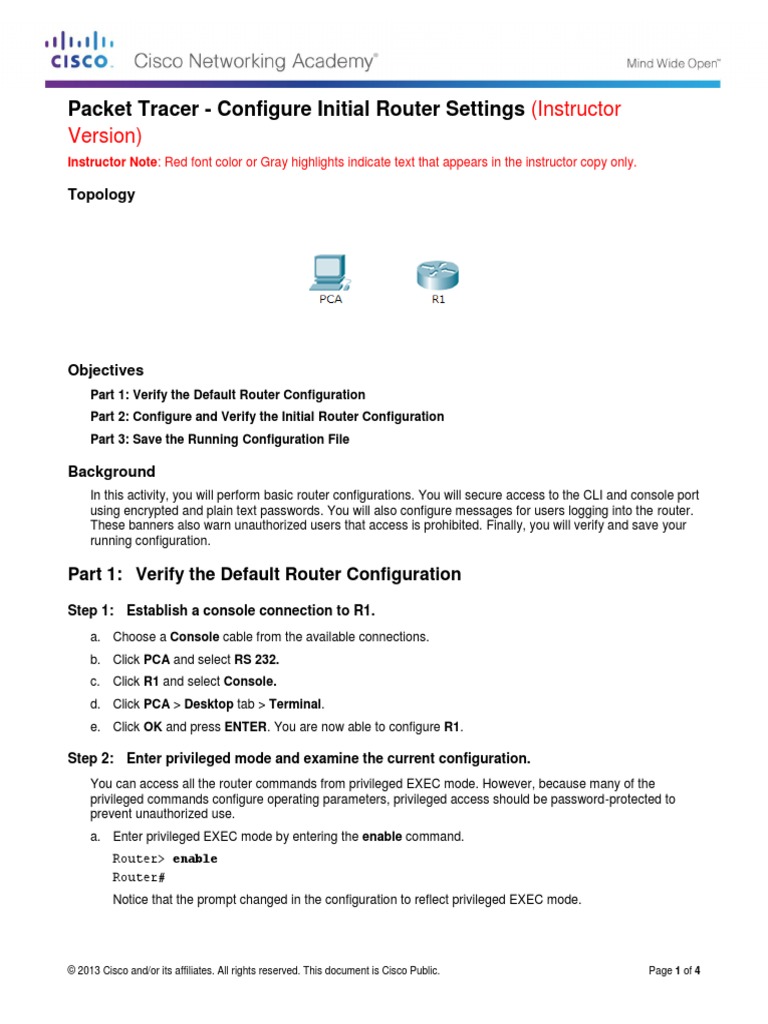6.4.1.2 Packet Tracer - Configure Initial Router Settings Instructions IG | PDF | Command Line ...