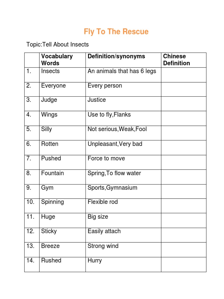 Fly To The Rescue: Vocabulary Words Definition/synonyms Chinese | PDF