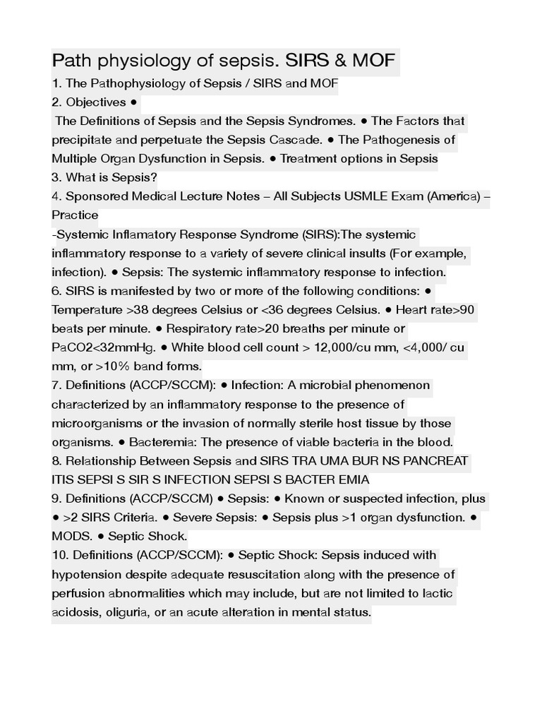 Path Physiology of Sepsis. SIRS & MOF | PDF | Sepsis | Inflammation