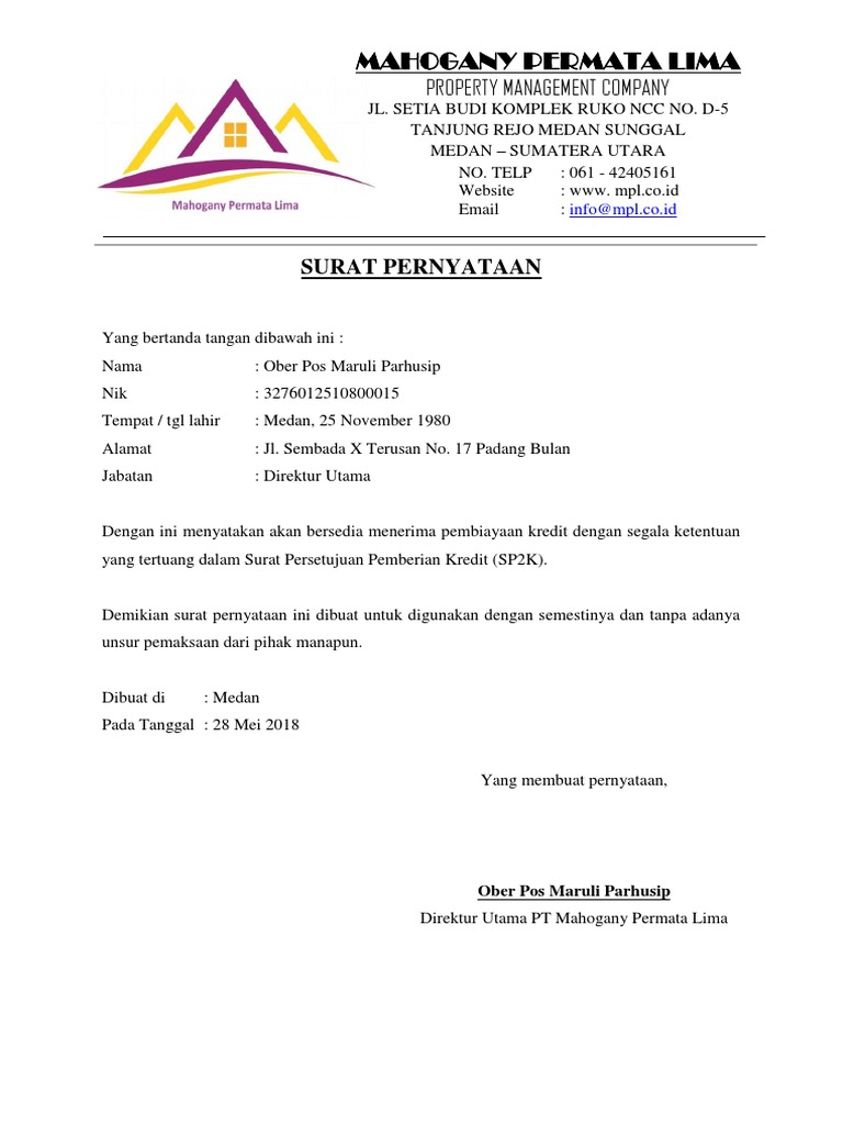 SURAT Persetujuan Menerima Segala Ketentuan SP2K | PDF