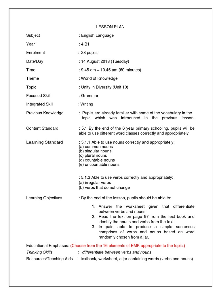 English Year 4 Lesson Plan | PDF | Noun | Verb