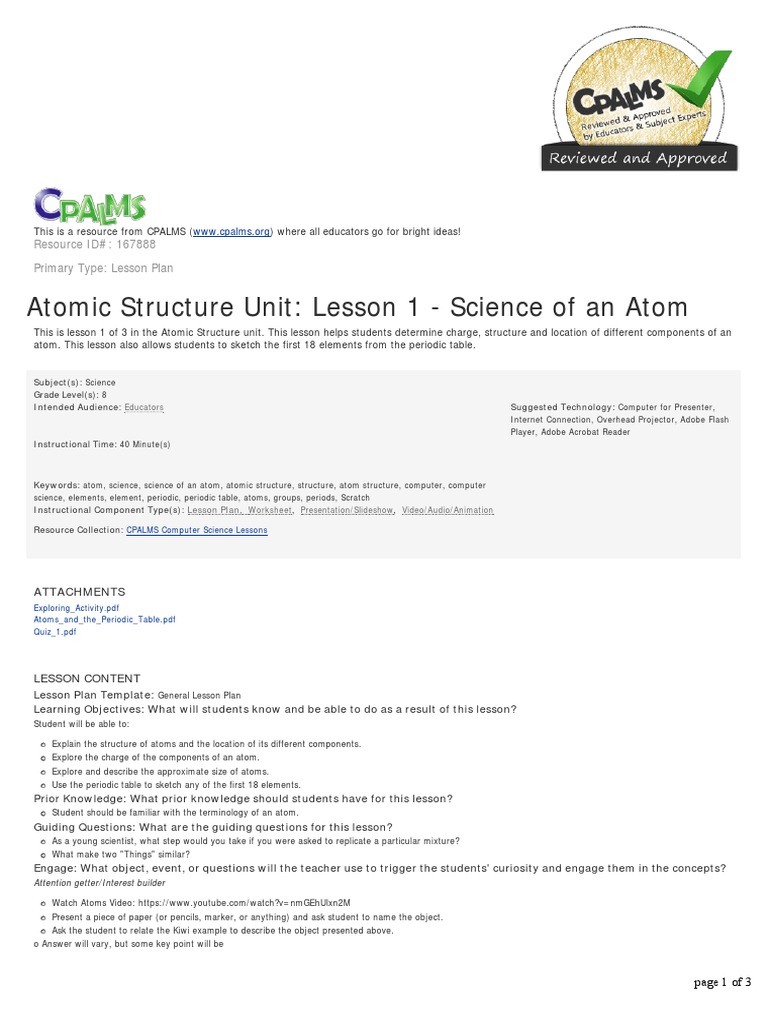 Atomic Structure Unit: Lesson 1 - Science of An Atom: Resource ID ...