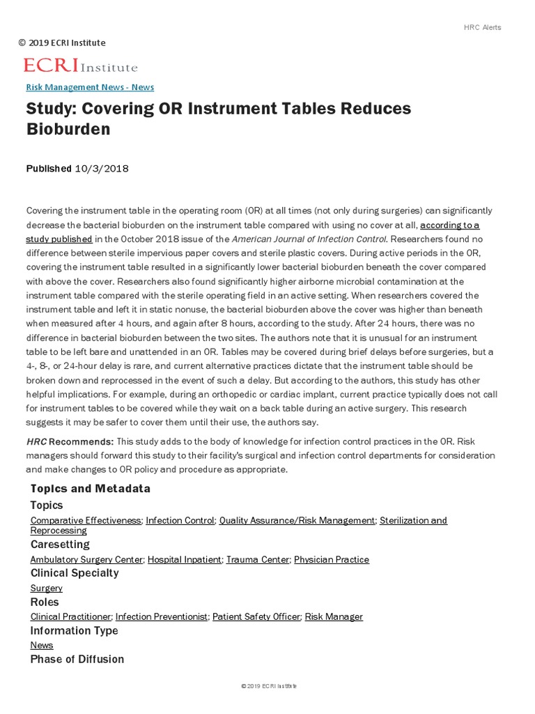 Study: Covering OR Instrument Tables Reduces Bioburden: Published 10/3 ...
