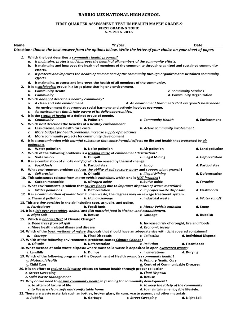 Mapeh Grade 9 First Quarter Pre-Assessment Test | PDF | Waste | Landfill