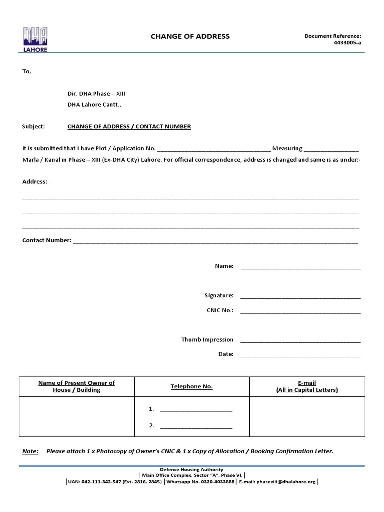 DHA Lahore Change of Address Form | PDF | Business