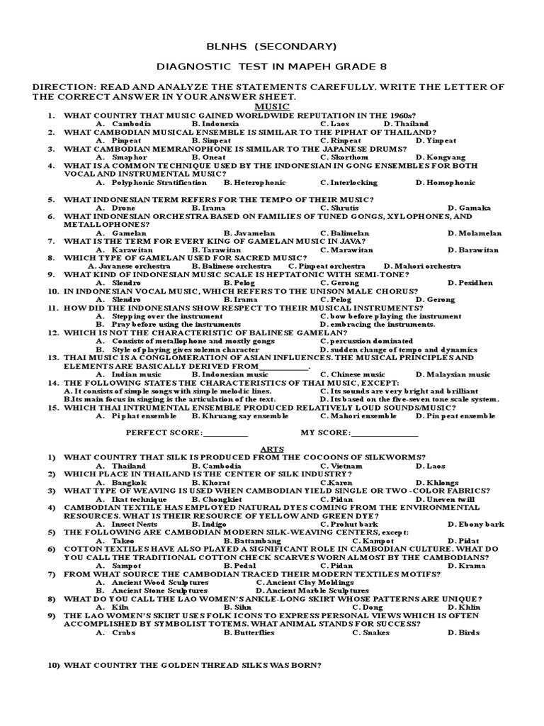 MAPEH-GRADE 8 Diagnostic Test 2019 | PDF | Physical Fitness ...